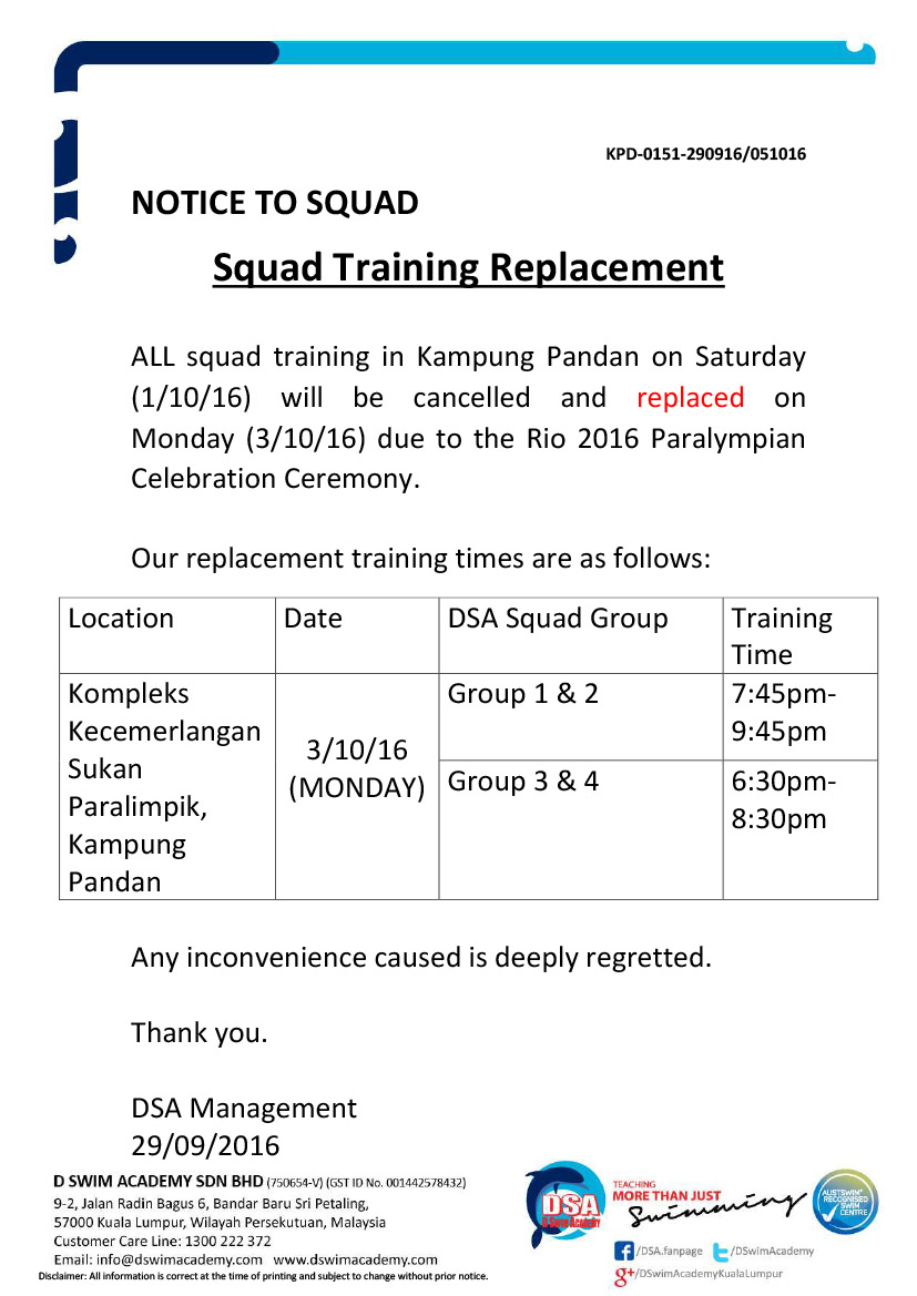 Replacement Class Notice | DSA Swim Team | D Swim Academy