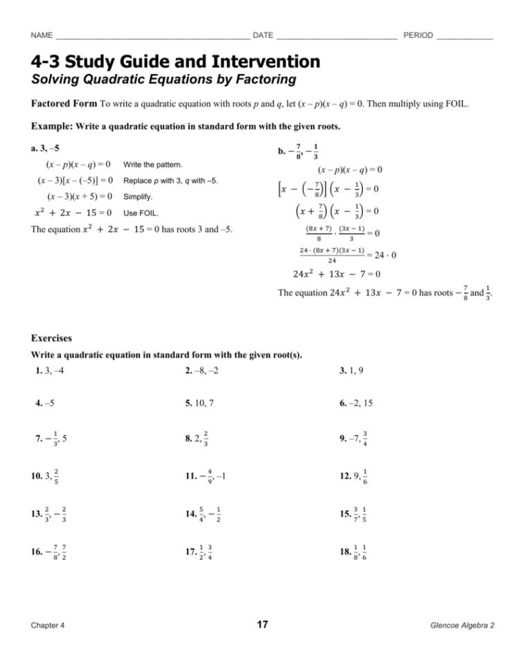 6 3 Solving Quadratic Equations By Factoring Worksheet Answers 6-3-solving-quadratic-equations-by-factoring-worksheet-answers