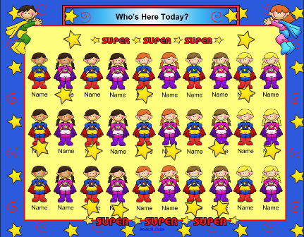 New SmartBoard Attendance Theme - Super Hero Kids - First Grade Brain