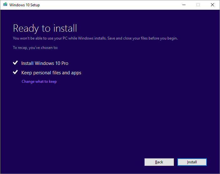 Upgrade Windows 10 - Ready To Install - Change What to Keep - g.fisk