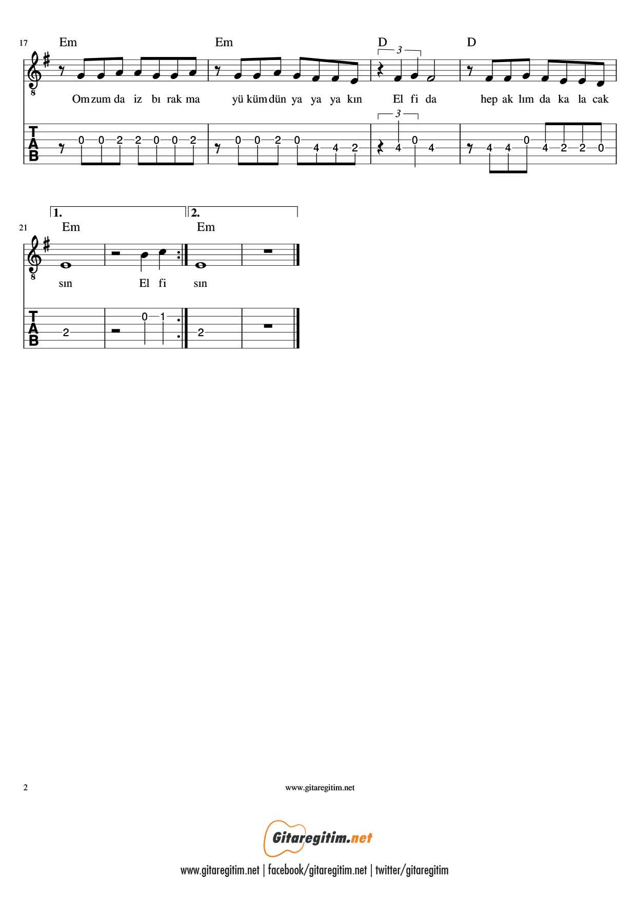 Elfida - Gitar - Nota - Tab » Gitareğitim.net Elfida - Gitar - Nota - Tab » Gitareğitim.net