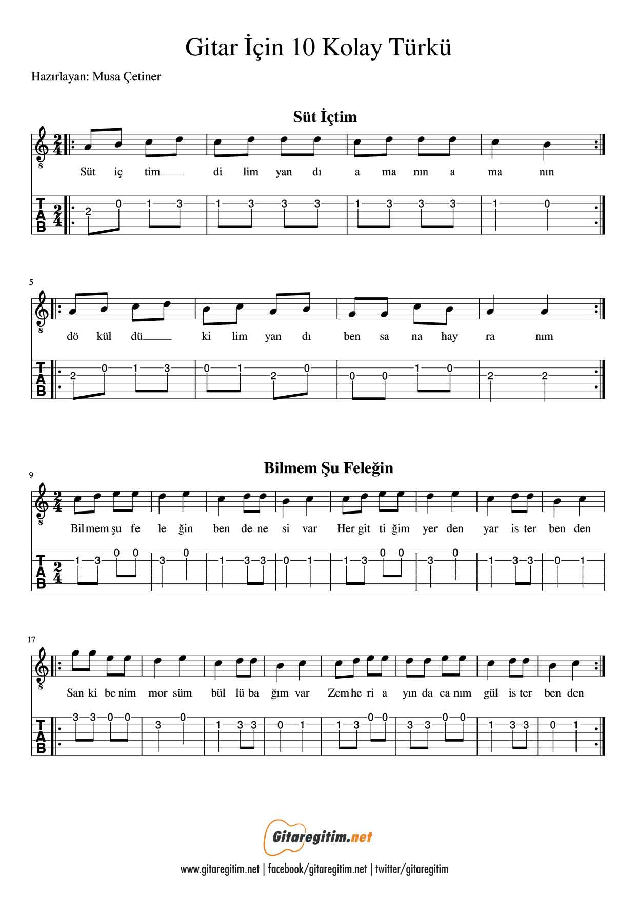 Gitar İçin 10 Kolay Türkü - Nota - Tab » Gitareğitim.net Gitar İçin 10 Kolay Türkü - Nota - Tab » Gitareğitim.net
