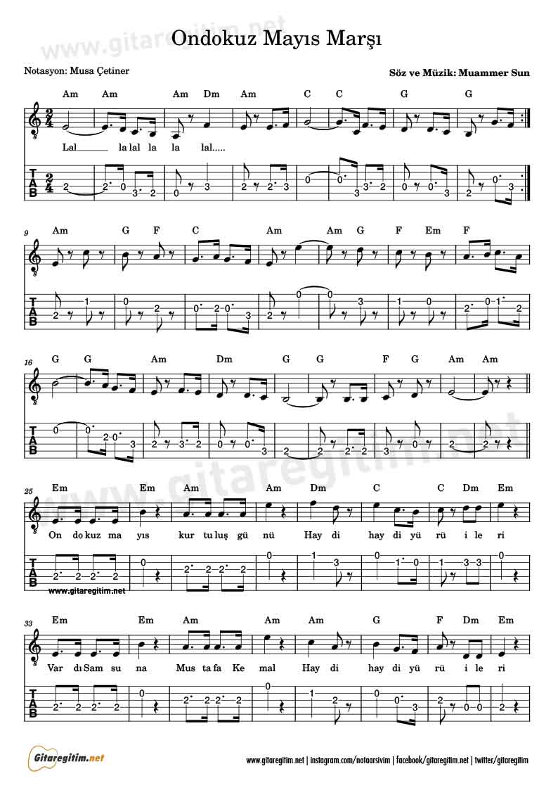 Ondokuz Mayıs Marşı Gitar Nota Tab » Gitareğitim.net Ondokuz Mayıs Marşı Gitar Nota Tab » Gitareğitim.net