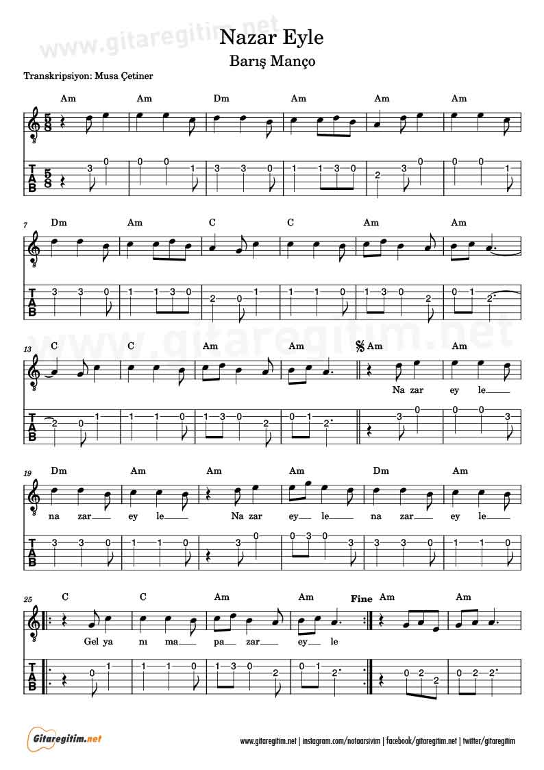 Barış Manço – Nazar Eyle, Nazar Eyle – Gitar Tab » Gitareğitim.net Barış Manço – Nazar Eyle, Nazar Eyle – Gitar Tab » Gitareğitim.net