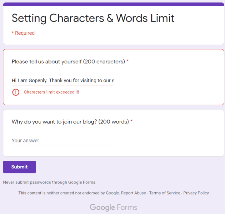 How To Restrict Word Limit In Google Form Gopenly How To Restrict Word Limit In Google Form Gopenly