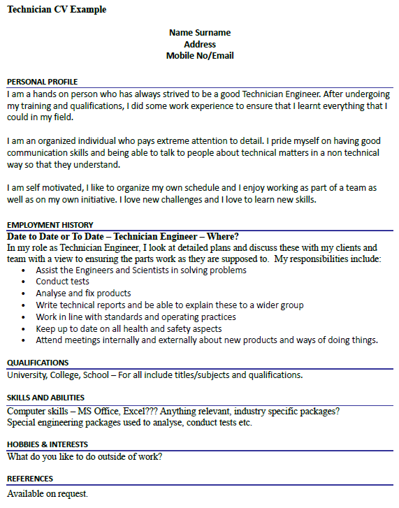 Technician CV Example - icover.org.uk