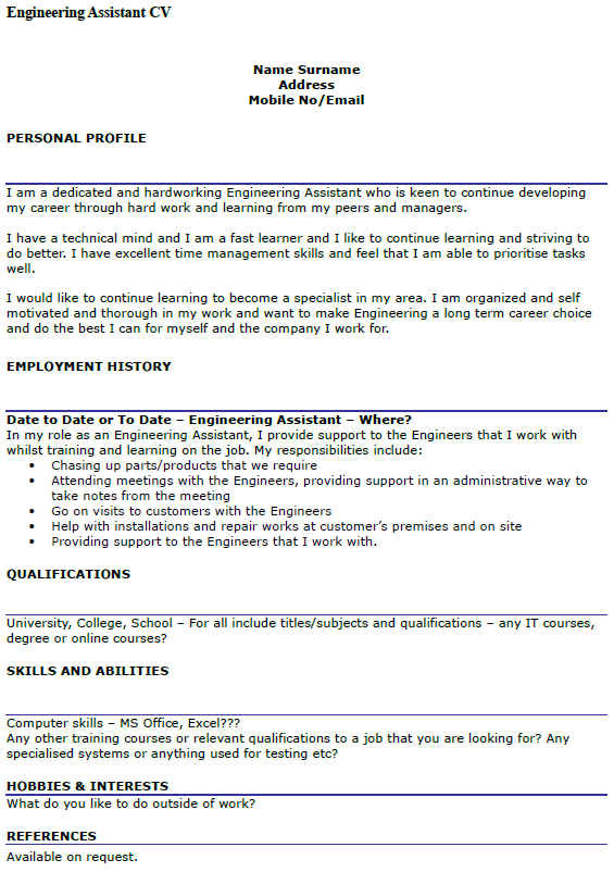 Engineering Assistant CV Example - icover.org.uk
