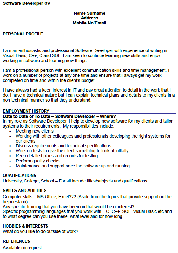 Software Developer CV Example - icover.org.uk