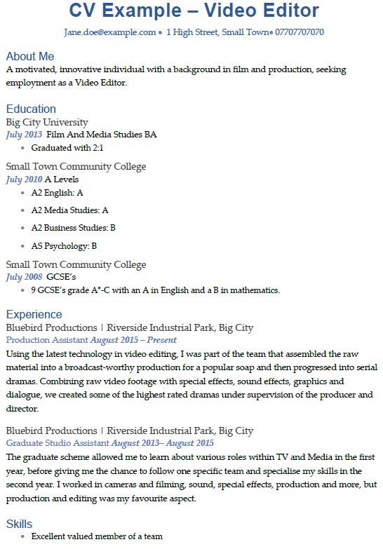 Video Editor CV Example - icover.org.uk