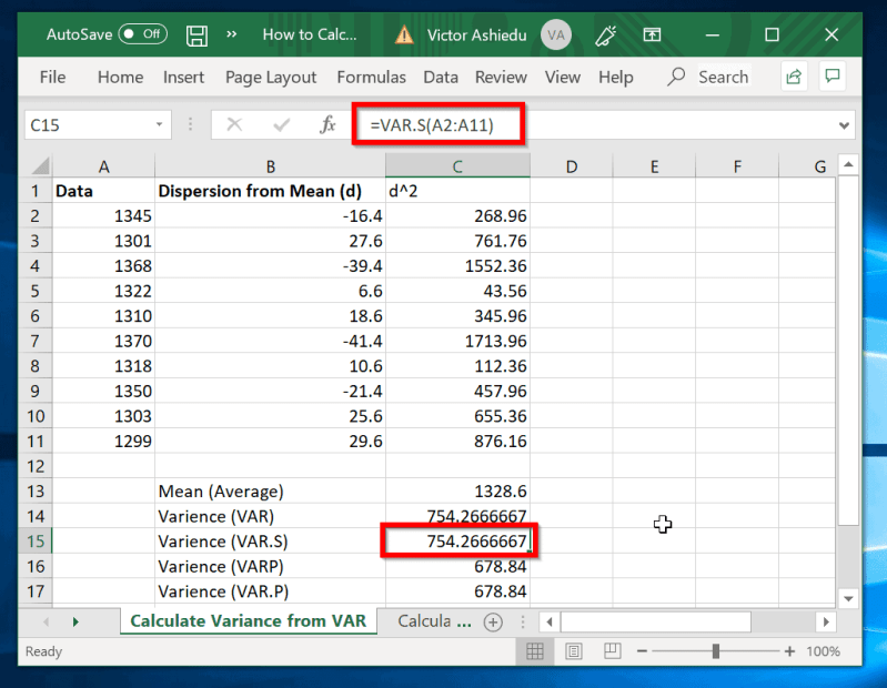 How-to-Calculate-sample-Variance-in-Excel-with-VAR.S-function | Itechguides.com