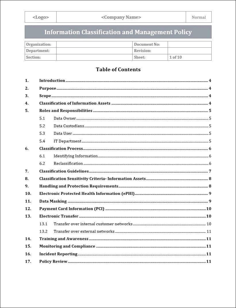 Information Classification Management Policy Template Itsm Docs