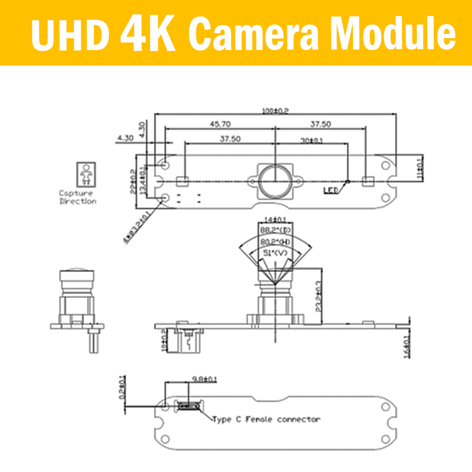 4K/2160P USB CMOS Camera Module w/IMX 415 Sensor & Digital Mic*2 ...