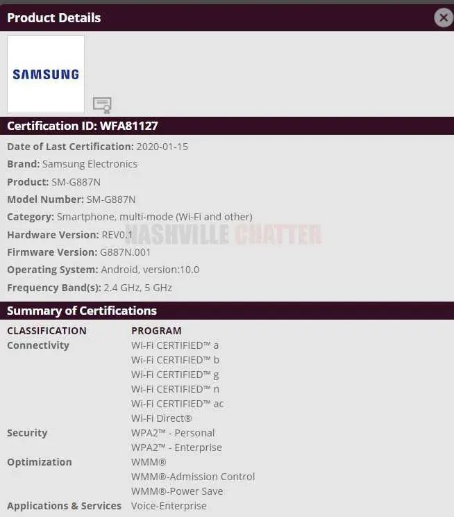 Samsung Galaxy A8s (SM-G887N) Spotted with Android 10 on Wi-Fi Alliance