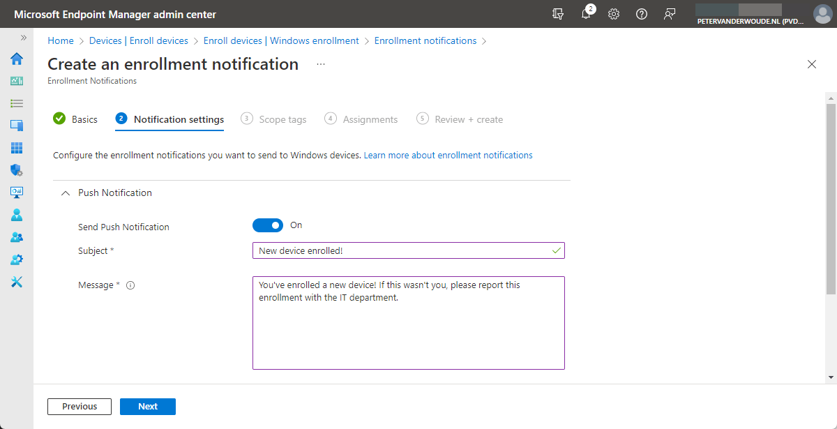 Informing users of newly enrolled devices – All about Microsoft Intune