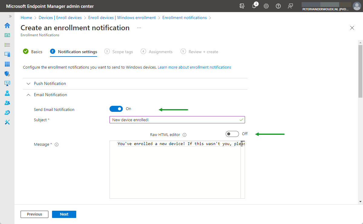 Informing users of newly enrolled devices – All about Microsoft Intune