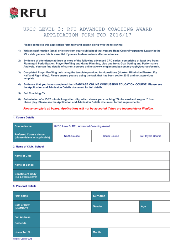 Level 3 2016 Course Application Form - PlanForms.net