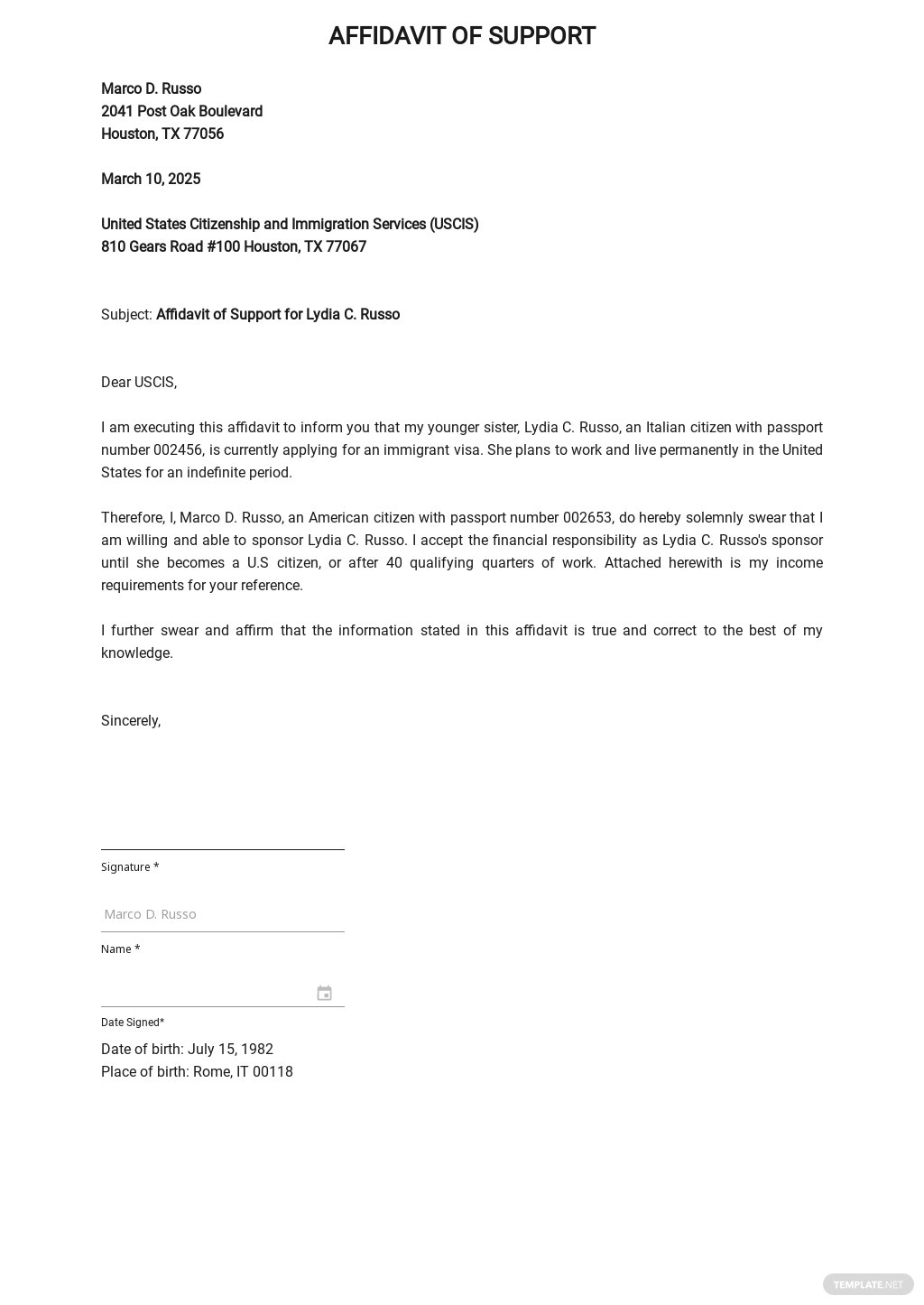 Affidavit Of Support Form Tourist Visa 2023 - PrintableAffidavitForm.com