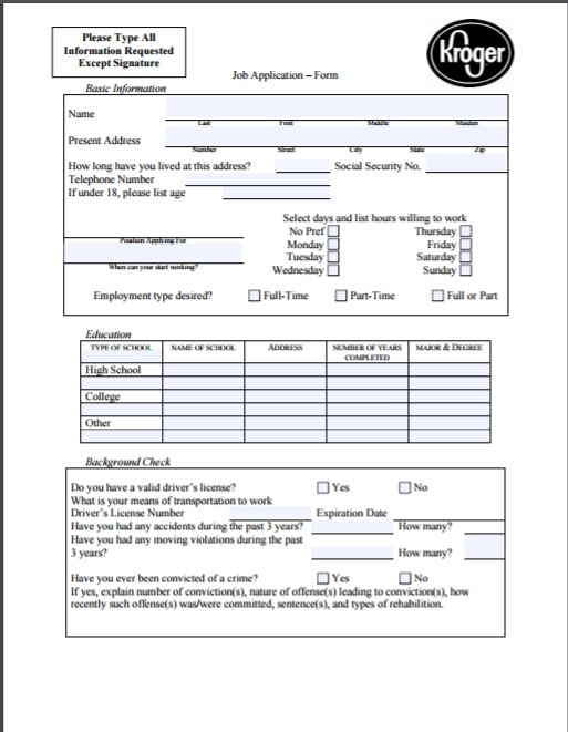 Krogers Application - Printable Application