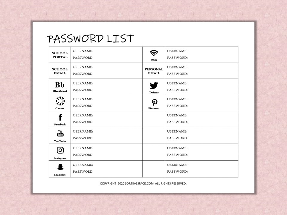 FREE Password List Printable - Sorting Space