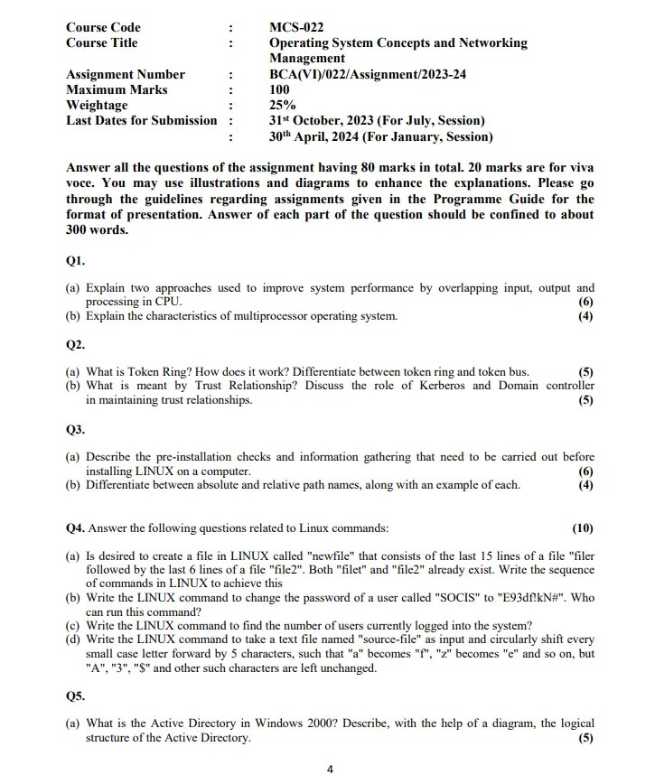 MCS-022 Operating System Concepts And Networking Management Solved Assignment 2023-24 - Techiya.in