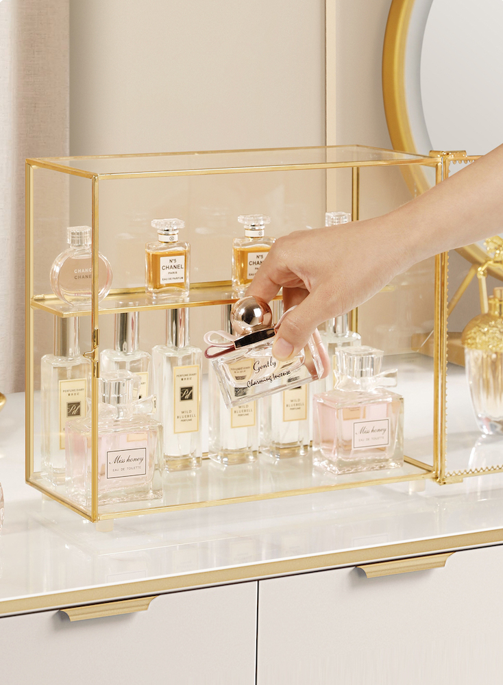 Golden Glass Cosmetic Storage Rack | The Other Aesthetic
