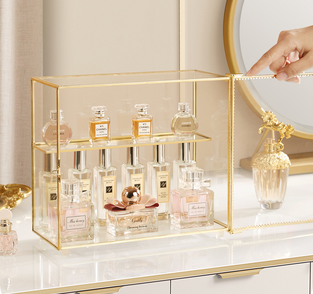 Golden Glass Cosmetic Storage Rack | The Other Aesthetic