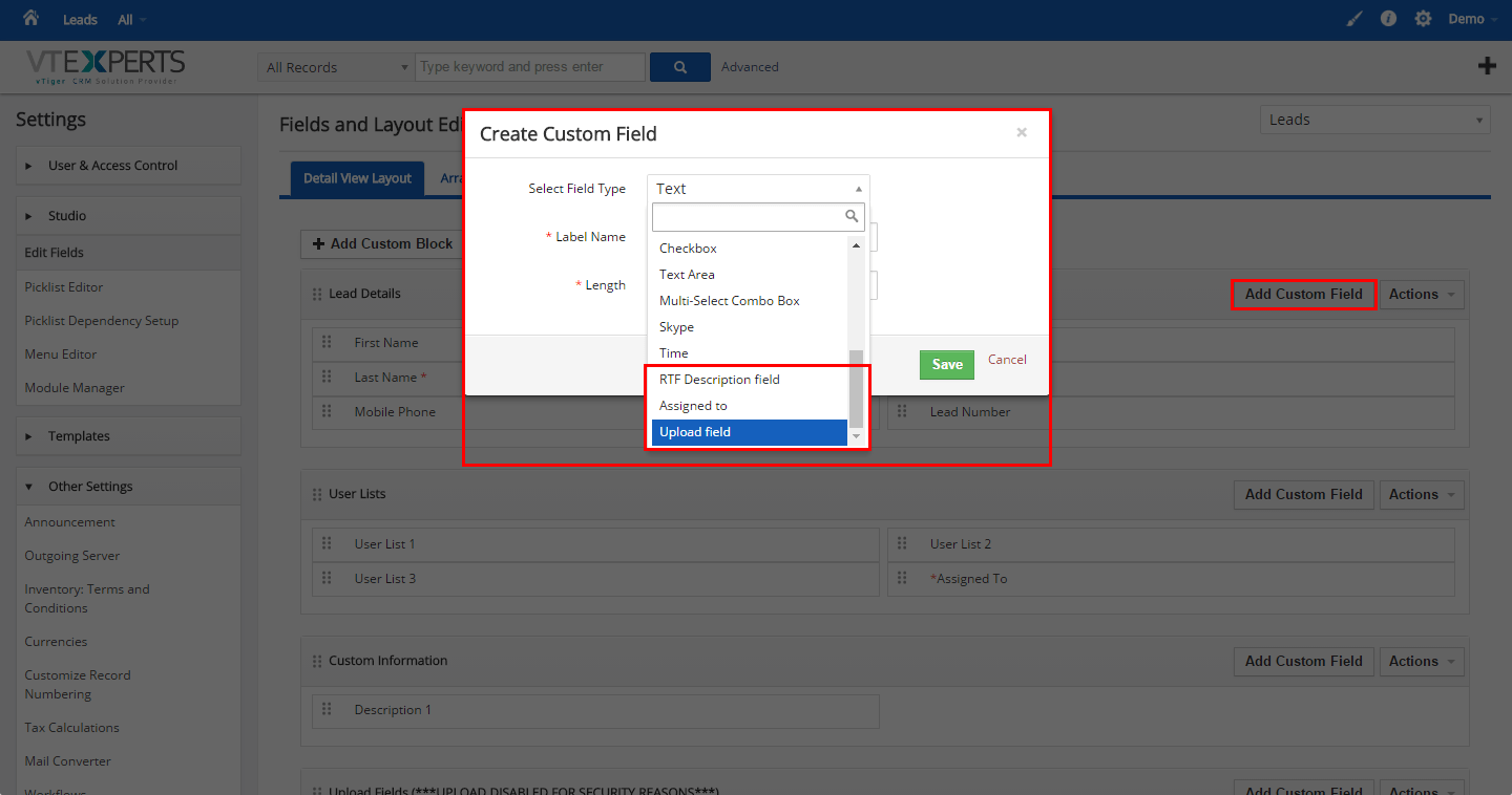 VTiger Advanced Custom Fields (HTML Description, Assigned To, Upload)