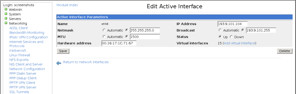 Network Configuration -Webmin | MN Linux