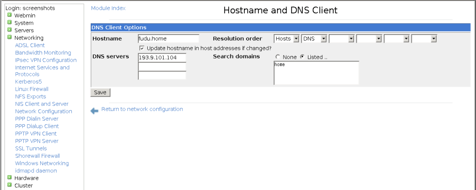 Network Configuration -Webmin | MN Linux