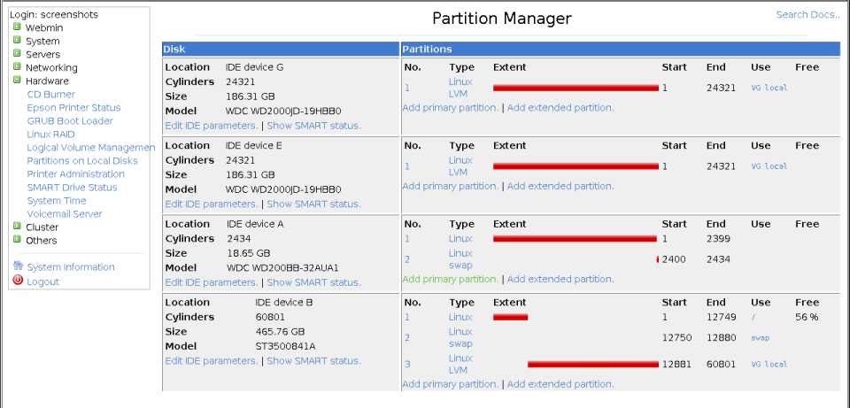 Partitions, RAID and LVM – Webmin | MN Linux