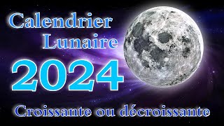 Calendrier lunaire 2024 lune croissante ou décroissante avec son signe astrologique.