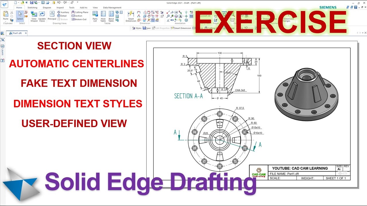 Solid Edge Drafting Tutorial 4 Exercise Section View Fake Text