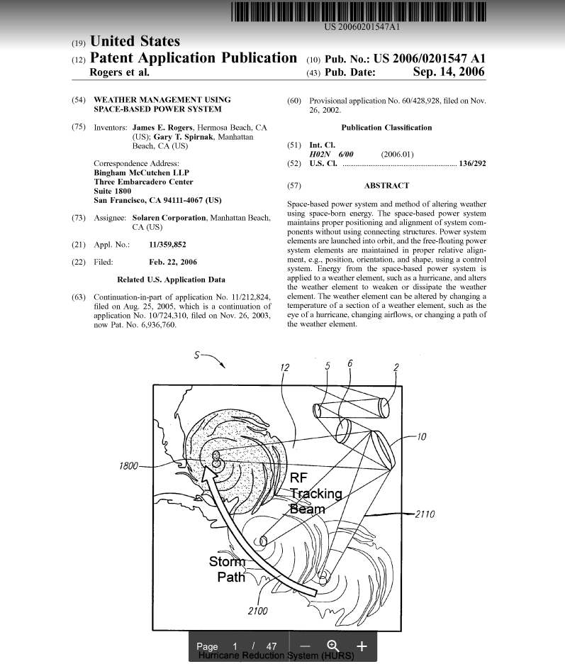 Weather management using space-based power system – U. S. Patent US ...
