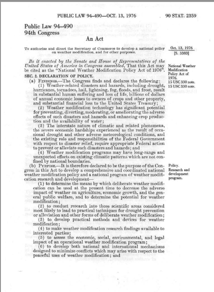 National Weather Modification Policy Act of 1976 – Zero Geoengineering