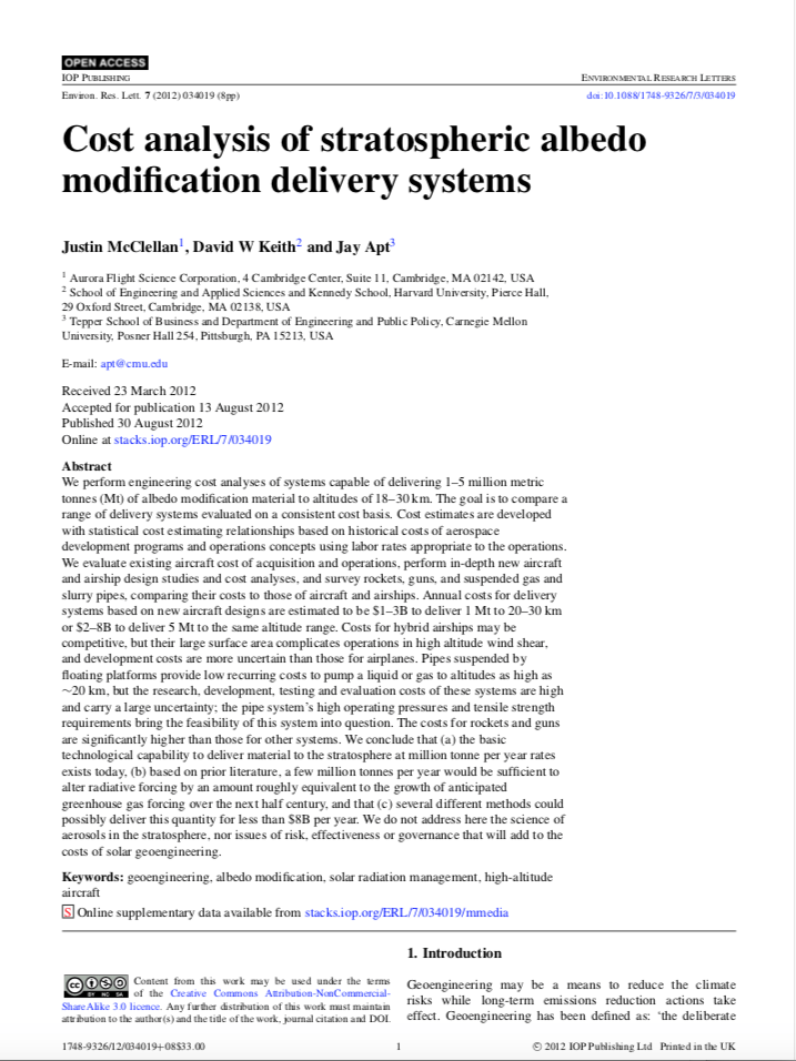 Cost Analysis of Stratospheric Albedo Modification Delivery Systems ...