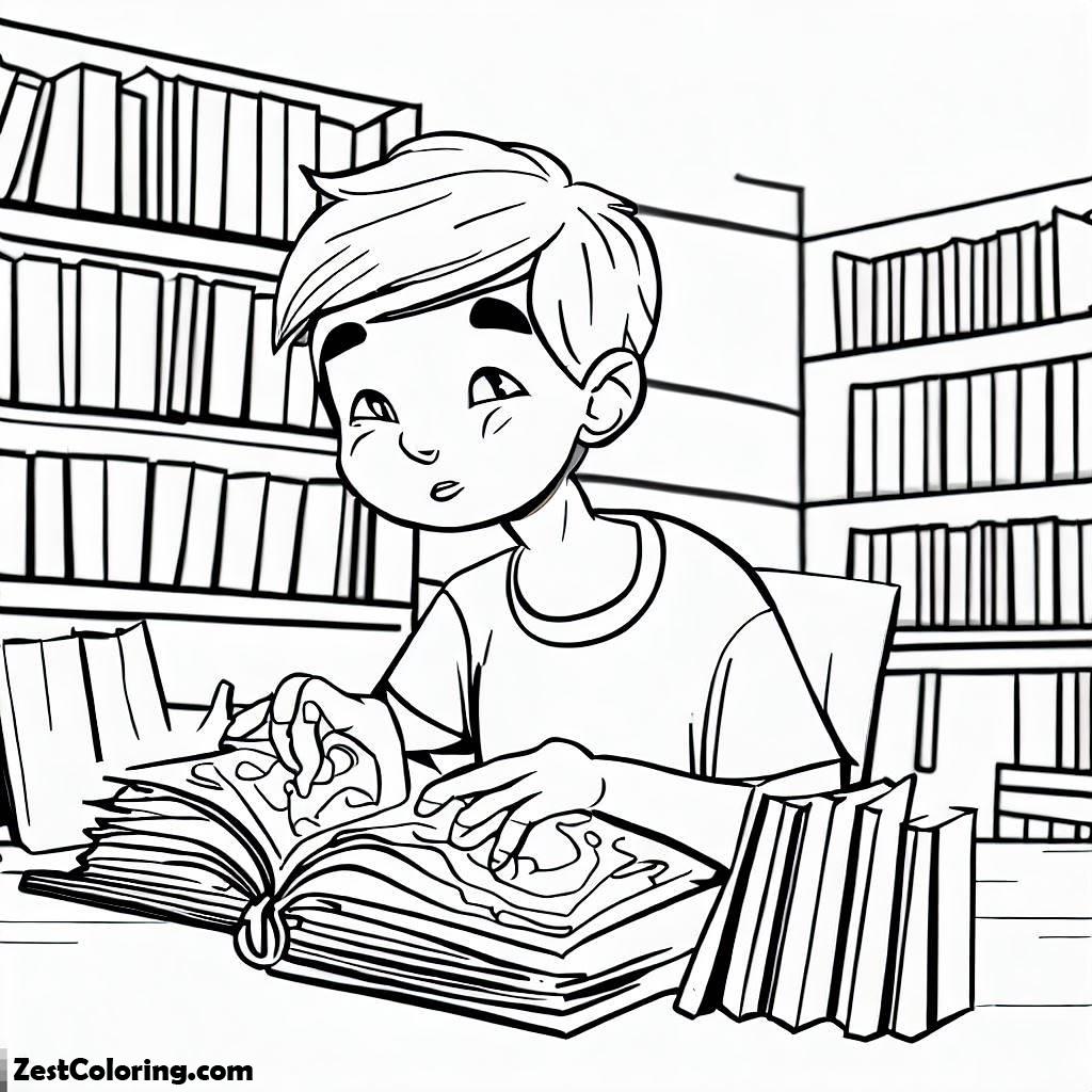 Boy Reading Books In Library Coloring Pages Coloring For Kids Smart
