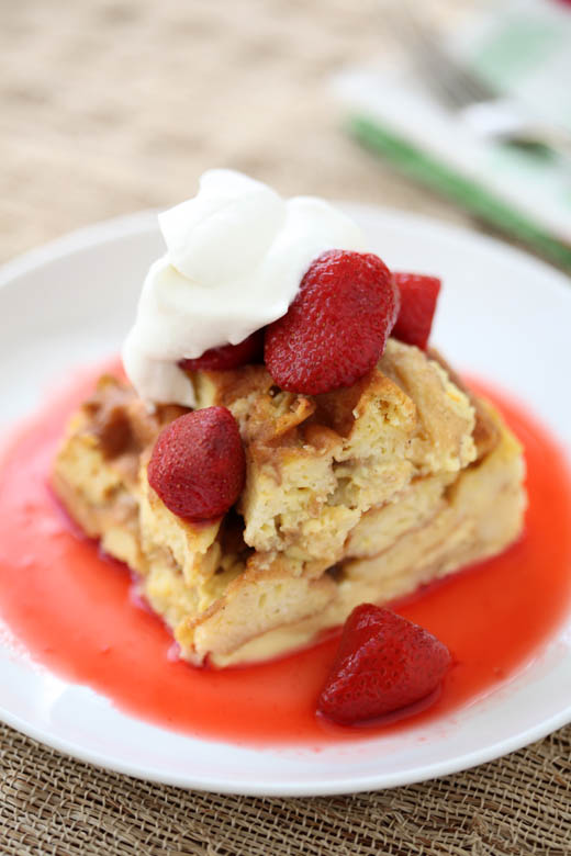 Waffle Bread Pudding with Strawberry Sauce! - ZoëBakes